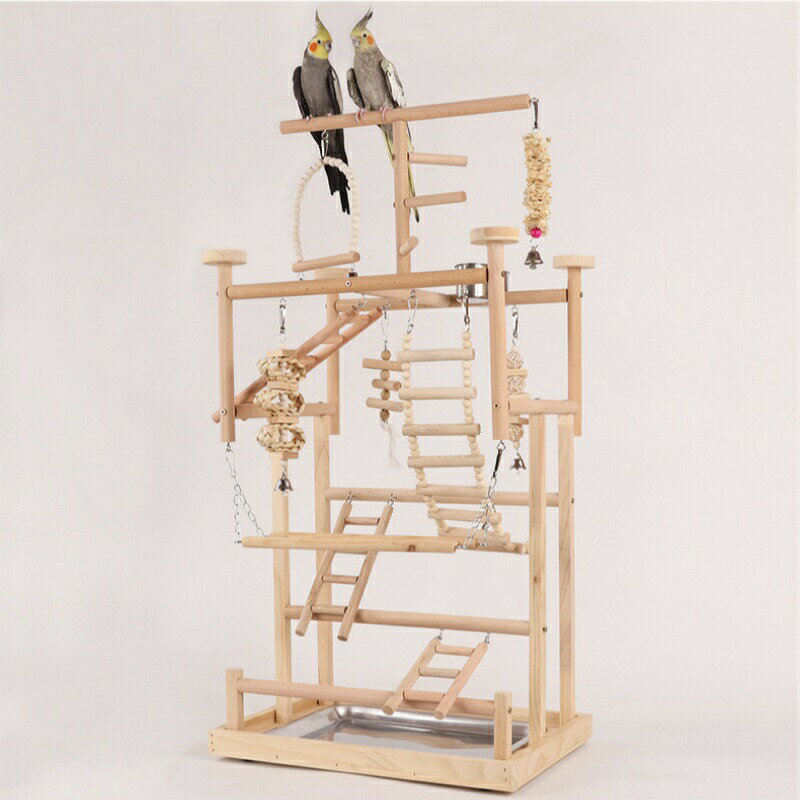 タンド 鳥 止まり木 餌入れ付き 鳥遊び場 トイ 鳥 はしご オウムブランコ セキセイインコ クライミング おもちゃ 文鳥 玩具 吊り下げ 噛む玩具 組み合わせ セット安全原木製 三層バードプレイジム インコ用遊園地セット（秋千/梯子/食器...