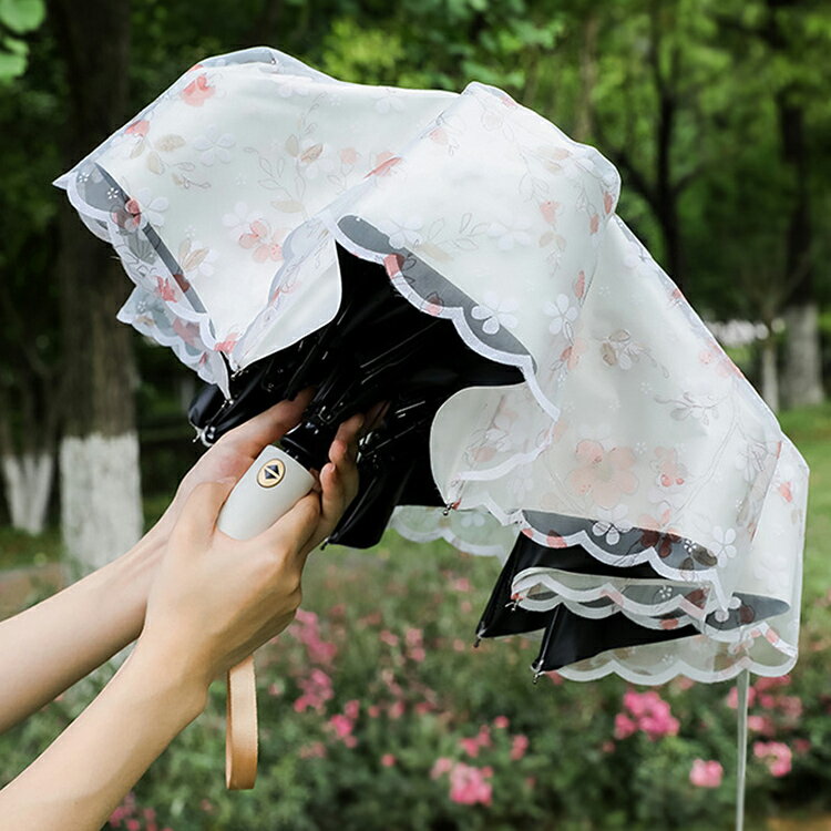 【商品名】：折り畳み傘 日傘 雨傘 【生地】：ポリエステル 【中棒】：ステンレス *骨の本数：8本 華やかでかわいいレースチュール使い花柄UVカット遮光遮熱折りたたみ日傘。 内側にブラックコーティングが施され、シミ・シワ・光老化・紫外線対策...