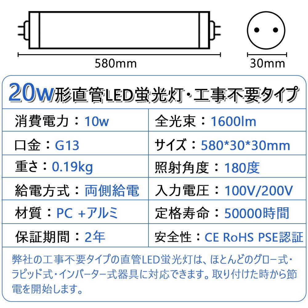 【楽天市場】直管 LED蛍光灯 20W形 580mm 消費電力10W 1600lm G13口金 FL20S FLR20S FL20SS 工事不要 グロー式 インバーター式 ラピッド式に直接交換 ...