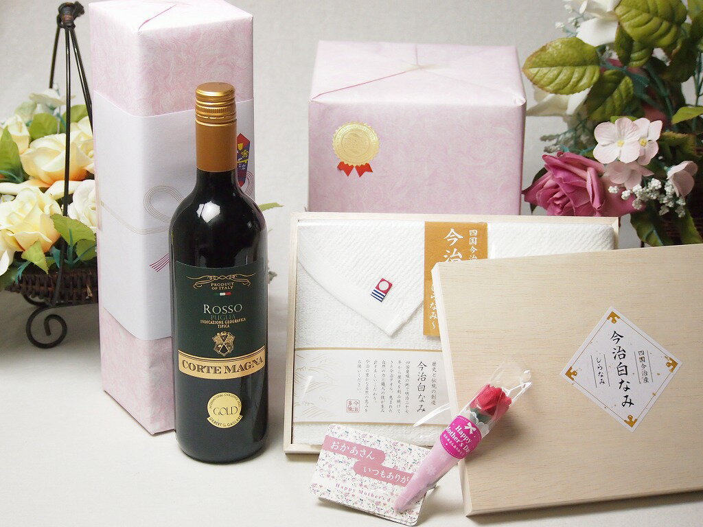 母の日 お母さんありがとう赤ワインと今治タオル 白なみセット(イタリア金賞赤ワイン720ml フェイスタオル×2枚)母の日カードとカーネイション付