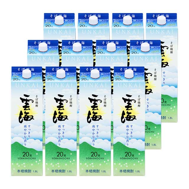 商品詳細 ■商品番号 275102 ■商品種別 雲海そば　20度 ■内容量 1800ml×12 ■アルコール度数 20度 ■麹菌 麹 ■蒸留方法 蒸留 ■メーカー 雲海酒造 ■原材料 蕎麦・麦麹・米 コメント 今を遡ること三十余年、歴史のな...