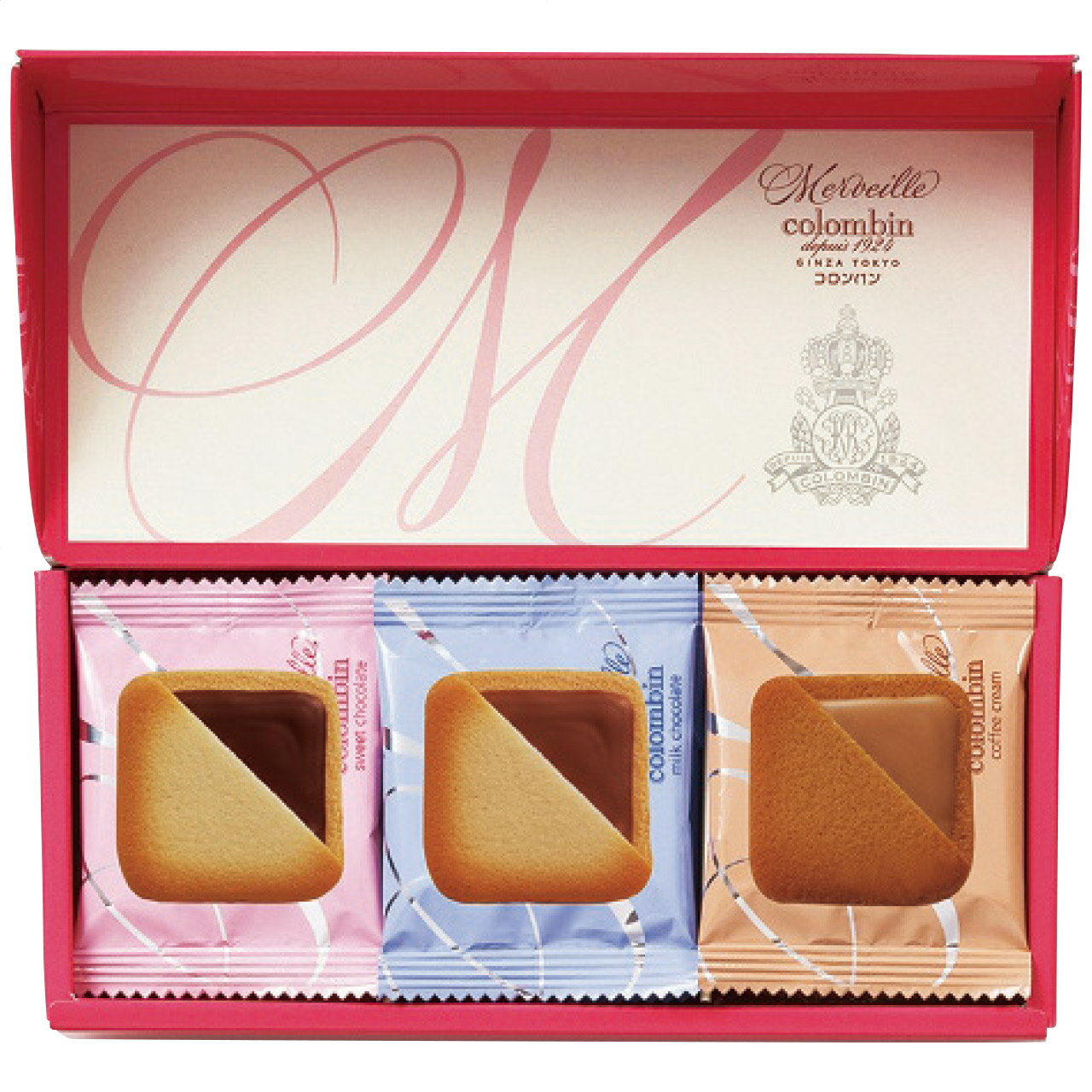 サクッとしたラングドシャクッキーでなめらかなチョコレートクリームをサンドしました。チョコレートクリームはスイート・ミルク・コーヒーの3種類。軽い口どけのクッキーとの優雅な出会いをお楽しみください。モンドセレクション3年連続金賞受賞（2010...