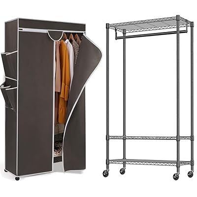 ハンガーラック幅90×奥行45×高さ184cm ワードローブ クローゼット カバー付き キャスター付 スチールラック メタル スリム 省スペース おしゃれ 頑丈 ハンガーかけ コートハンガー 洋服収納 (グレーブラウン)色グレーブラウンモデ...
