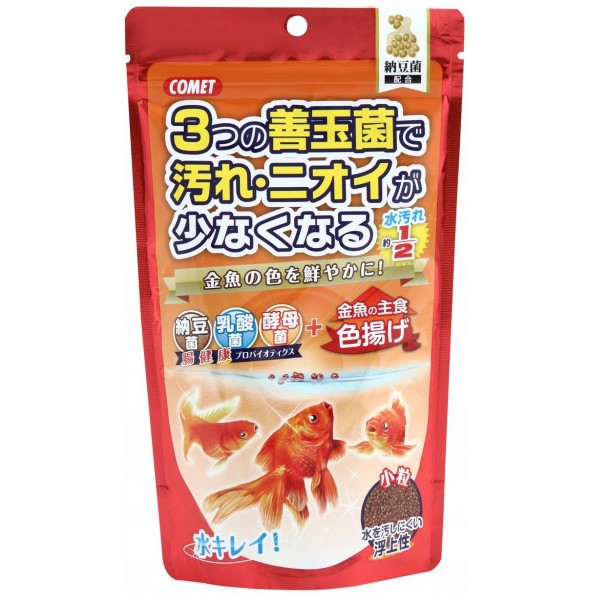 納豆菌、乳酸菌、酵母菌を配合。この3つの善玉菌の力で金魚の腸内細菌のバランスを整え、水の汚れや嫌なニオイを減らします。更に金魚の色を鮮やかにするカロチノイド配合の色揚げ用栄養フードの小粒タイプです。 粗蛋白質：30％以上 粗脂肪：5％以上 ...
