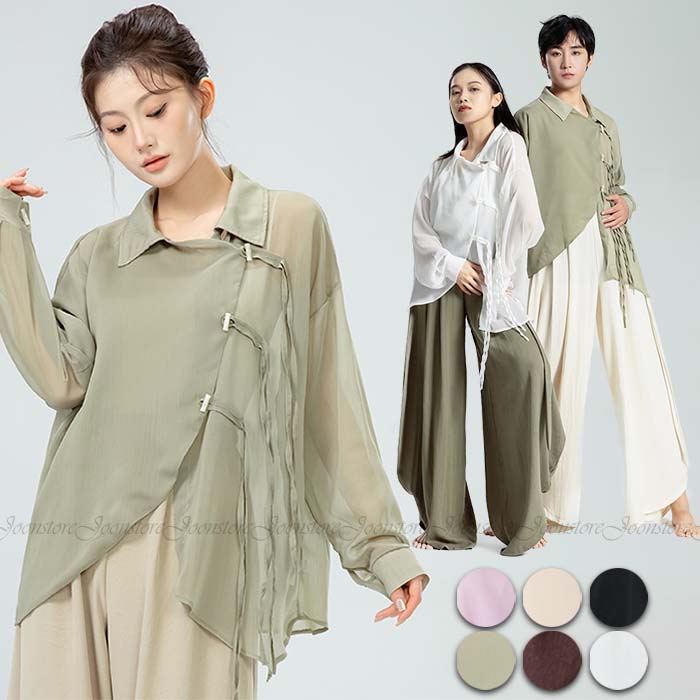 商品ダンスシャツ素材ポリエステルサイズM 身長155-165cm 体重45-55kg 着丈68cm バスト64.5cm 袖丈50cmL 身長165-175cm 体重55-70kg 着丈70cm バスト66.5cm 袖丈52cmご了承いただき...