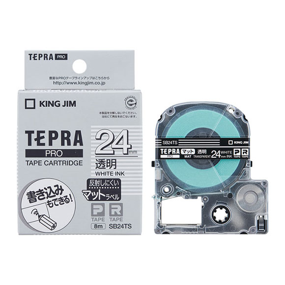 「テプラ」PROテープカートリッジ　マットラベル透明 SB24TS 24mm幅 透明／白文字。＜特長＞●テープ幅24mm。●テープ長さ8m。●テープ透明。●文字色白。「テプラ」PROテープカートリッジ　マットラベル透明 SB24TS 24m...
