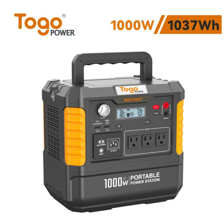 Togo Power ポータブル電源 1000W・製品仕様 品番 PIONEER 1000LFP 電源仕様 電池の種類：リン酸鉄リチウム電池 電池容量：1037Wh サイクル回数：4000回繰り返して80％まで維持 DC入力 最大200W(...