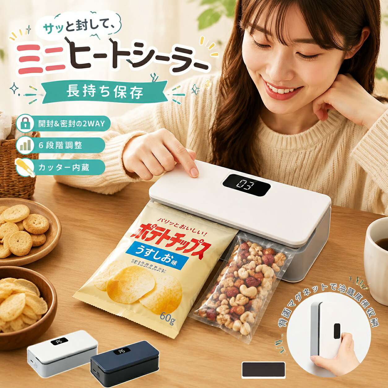 開封後のお菓子や食品、湿気やニオイ移りで困っていませんか？ このミニヒートシーラーなら、押すだけでしっかり密封。 クリップ不要で簡単に食品の鮮度を守り、毎日の保存をもっと快適にします。 コンパクト設計で、家庭でも外出先でも大活躍の便利アイテ...