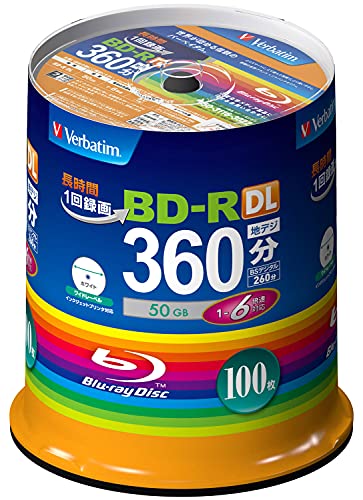 100枚スピンドル-/1回録画 50GB/VBR260RP100SV1・Size:1回録画 50GBStyle:100枚スピンドル・パッケージ個数:1・品種:録画用 BD-R DL(50GB)・1回録画用・録画時間:地デジ 360分 / B...