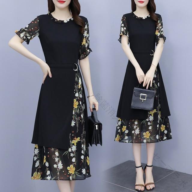● 商品名 ● パーティードレス 二次会 結婚式 服装 女性 お呼ばれドレス ワンピース 30代 40代 50代 袖あり 大きいサイズ 3L 4L 5L 6L ワンピースドレス 花柄 黒 韓国 長袖 半袖 ブラック ミモレ丈 透け感 ウエス...