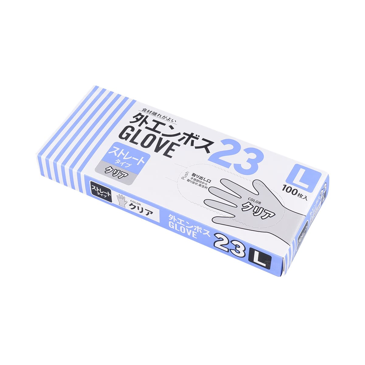 薄手で経済的な外エンボス手袋。食品衛生法規格適合。（厚生省告示第370号） 入数 100枚（1箱） サイズ L全長：約280mm手の平の幅：約166mm中指の長さ：約84mm 材質 LDポリエチレン 色 透明（クリア) ■ 食材離れがよい外...
