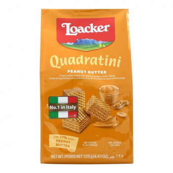 厳選したピーナッツで作り上げたピーナッツバタークリームをココアを加えた5層のウエハースで一口サイズにサンドです。内容量125gサイズ幅95×奥行64×高さ170mm個装サイズ：38.6×20×17.3cm重量132g個装重量：1800g仕様...