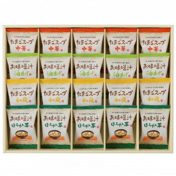 お湯を注ぐだけで簡単なフリーズドライの詰め合わせです。お中元、お歳暮などのギフトに最適です。※着時間指定不可の商品です。内容量お味噌汁(ほうれん草)×5、お味噌汁(油あげ)×5、たまごスープ(和風)×5、たまごスープ(中華)×5サイズ個装サ...