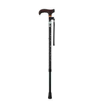 黒地に桜が描かれている上品なデザインです。商品区分雑貨サイズ約66.5～89.0cm伸縮(10段階調節2.5ピッチ)個装サイズ：57×13×2cm重量約240g個装重量：300g素材・材質グリップ:天然木(楓材)シャフト:アルミニウムストラ...