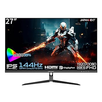 【中古】JAPANNEXT 27インチ ゲーミングモニター 144Hz 1ms フルHD 1920x1080解像度 IPS パネル ディスプレイ (HDMI/DisplayPort/VESA対応/ブルーライトカット / 視野角178°) J...