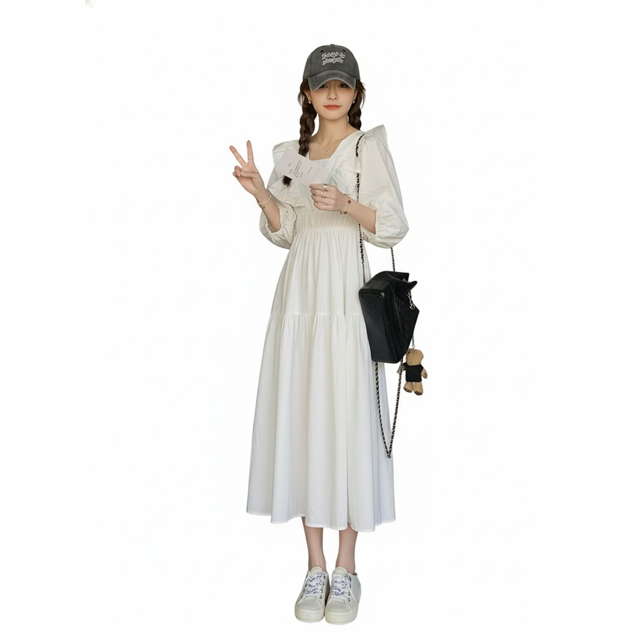 説明【商品紹介】◆[S] バスト:84 スカート丈:112 / [M] バスト:88 スカート丈:112 / [L] バスト:92 スカート丈:112◆【エレガントなVネック・パフスリーブ】顔周りをすっきりと見せる洗練されたVネックデザイン...