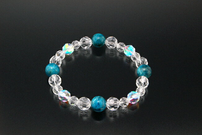 アパタイト　　　4個（10mm珠） ルナフラッシュ　4個（8mm珠/スターカット） 白水晶　　　8個（8mm珠/32面カット） 　　　　　　8個（6mm珠/32面カット） [サイズ]約17cm（内周） [重量]約18g [中糸]ポリウレタン...