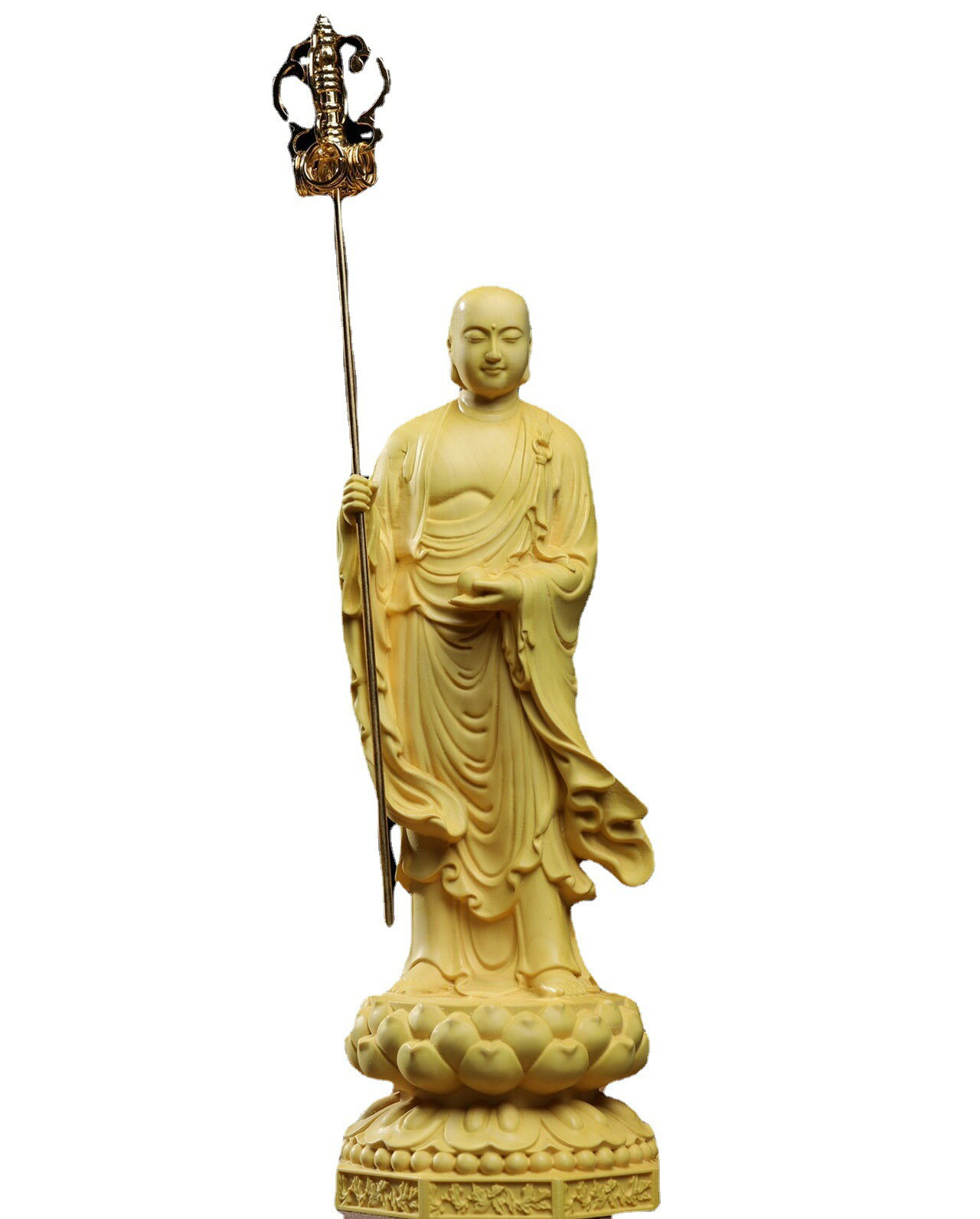 △ 銘木黄楊に精緻に彫刻された地蔵菩薩像です。右手には修行者の煩悩を除去し智慧を授ける錫杖を、左手にはあらゆる願いを叶えるといわれる如意宝珠を持ち、慈悲深い優しい微笑みを湛えるお顔は見ているだけで心が癒されます。△ この仏像は地蔵菩薩本体の...