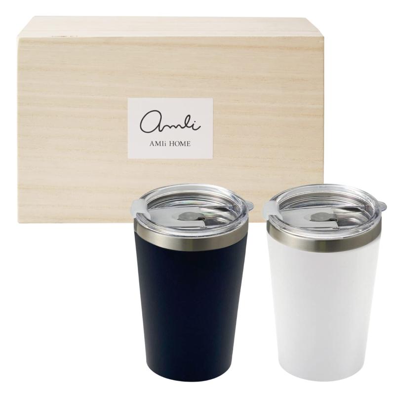 Dolce duo タンブラー ふた付 ペアセット プレゼント カップホルダー 400ml 2個セット ホワイト ネイビー コンビニカップ カップコーヒー テイクアウト ギフトセット 木箱入 DAM-226保温・保冷性に優れた真空断熱構造の...