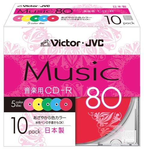 Victor 音楽用CD-R 80分 カラープリンタブル 10枚 日本製 CD-A80XR10規格:CD-R種類:AV用 / 24倍速入数:10盤面印刷:可 / 印刷面:ワイド