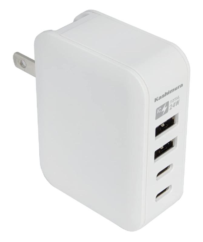 カシムラ(Kashimura) リバーシブルUSB-A 2ポート+Type-C 2ポート搭載 便利な4ポート充電器 NAC-037自動識別IC搭載でスマホにあわせて最適充電4ポート合計最大出力5V4.8A/24W、ハイパワータイプ自動識別I...
