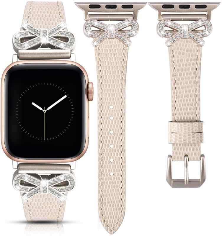 コンパチブル Apple Watch バンド 本革製 レディース レザーベルト 交換ベルト リボン柄 キラキラ アップルウォッチ バンド かわいい 女性 iWatch Ultra 2/S10/9/8/7/6/5/4/3/2/1/SEに対応 ...