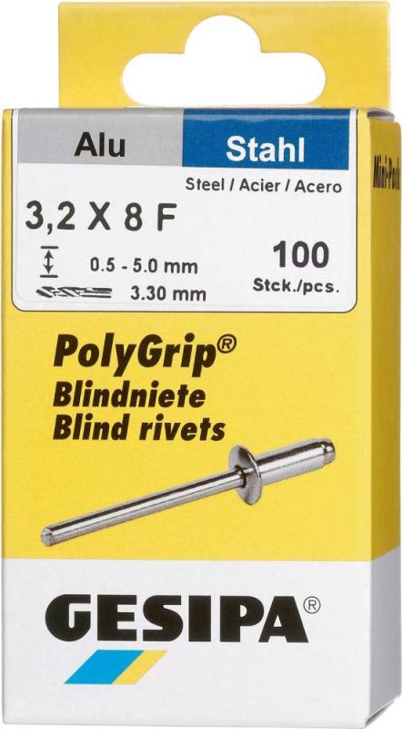 ゲシパ 詰め替え用リベット PolyGrip[[R上]] アルミ/スチール製 100本入り Φ3.2mm×8mm 1433846入数:100本サイズ:110×55×36mm材質/仕上:リベット本体(フランジ):アルミ、マンドレル(シャフト)...