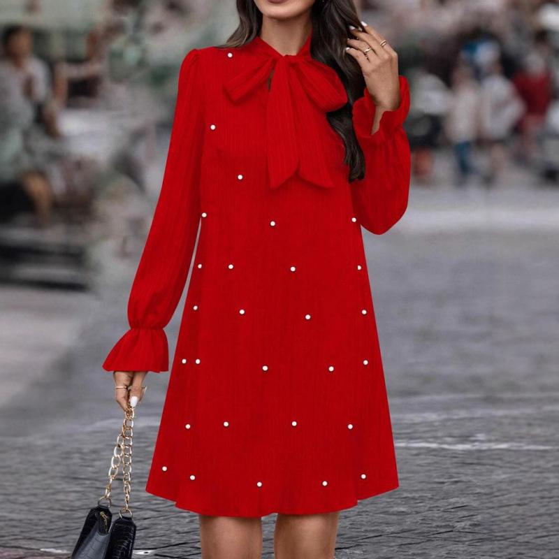 ・カテゴリ: ワンピース・スタイル: ベーシック・テイスト: エレガント・主な素材: ポリエステル・素材混紡率: ポリエステル90～95%・柄: 無地・装飾: リボン、ビーズ・セット内容: 単品・スカート丈: ミニ・スカートライン: Aライ...