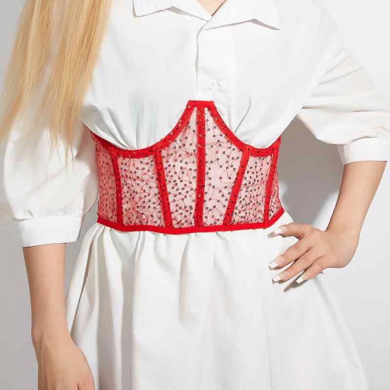 ・カテゴリ: コルセット・主な素材: 織布・スタイル: 欧米風・デザイン: レースアップ, スパンコール・カラー展開: レッド・幅: 約2～4cm