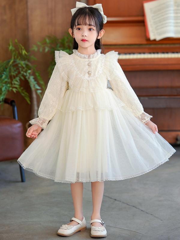 ・スタイル: プリンセス・生地: レース・カテゴリ: ドレス・主な素材: ポリエステル100%・性別: 女の子用・対象年齢: 3～8歳・柄: 無地・生地加工: 柔らか加工・着用シーズン: 春、秋・袖丈: 長袖・スカートスタイル: プリンセス...