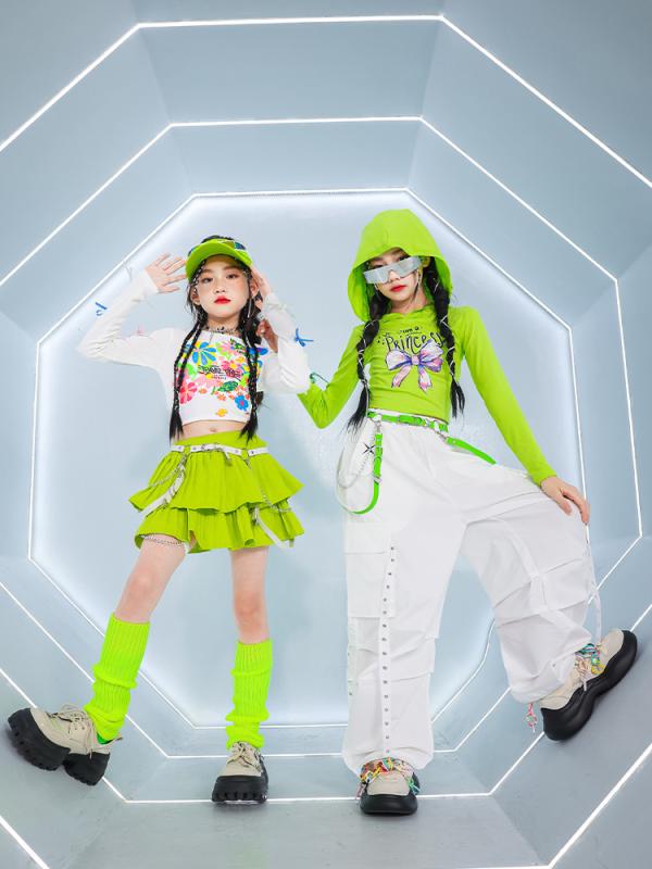 ・カテゴリ: 子供用パフォーマンスウェア・ダンスウェア・スタイル: ヒップホップ・主な素材: 羊毛・シーズン: 春秋・性別: 女の子・カラー展開: 白、緑、蛍光グリーン・サイズ展開: 110cm、120cm、130cm、140cm、150c...