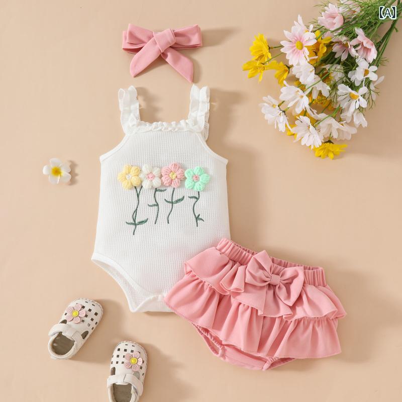 ・カテゴリ: 子供服セット・対象性別: 女性・スタイル: 欧米風・セット内容: 3点セット・セット内訳: 衣服・対象年齢: 乳幼児（1～3歳、身長80～100cm）・袖丈: ノースリーブ・フード: なし・パンツ丈: ショートパンツ・生地加工...