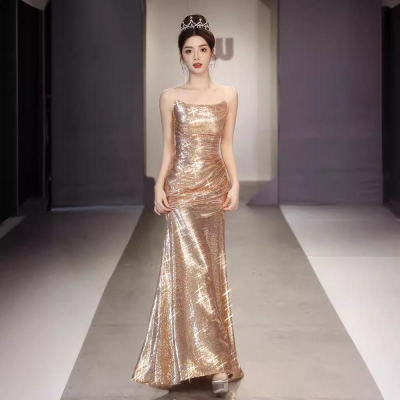 ・カラー: シャンパンゴールド・サイズ展開: XS, S, M, L, XL, XXL, XXXL・シルエット: ウエストシェイプマーメイド・デザイン要素: スパンコール・スタイル: キャミソール・袖丈: ノースリーブ・丈: ロング・ウエス...