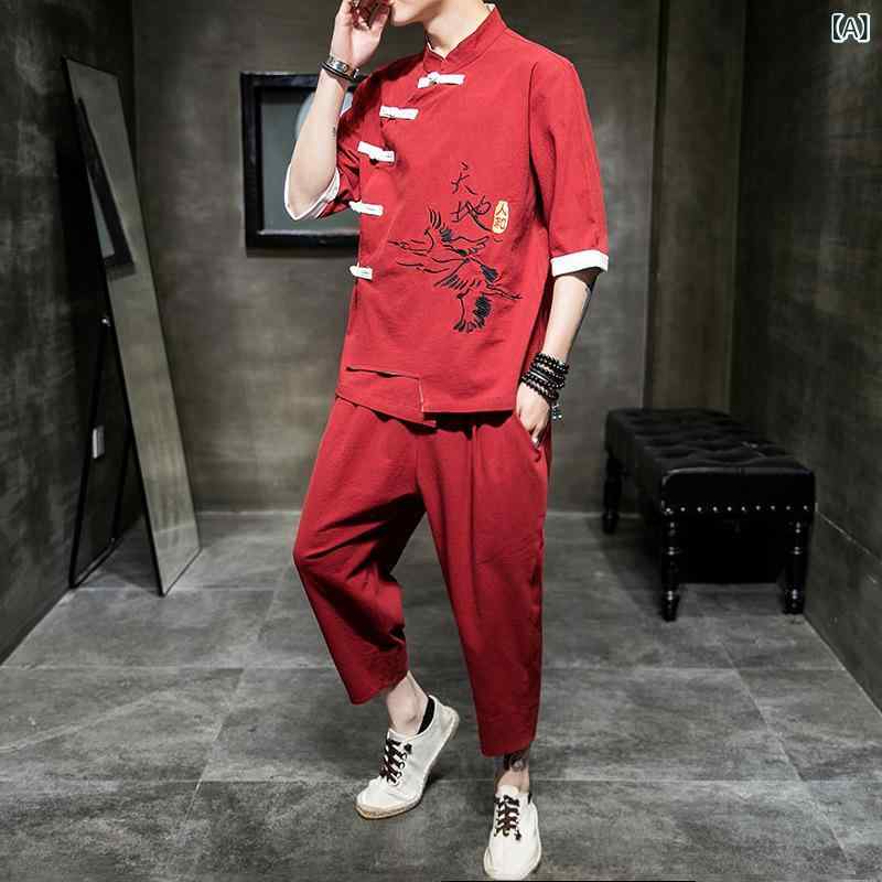 ・スタイル: 中国風・厚さ: 普通・パンツ丈: 七分丈・トップススタイル: Tシャツ・トップス袖丈: 五分袖、中袖・主な素材: 綿60%・カラー展開: レッド、ブラック・サイズ展開: M、L、XL、XXL、3XL、4XL、5XL・カテゴリ:...