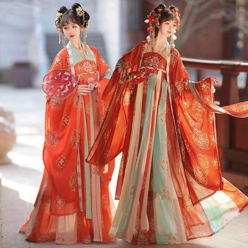 ・カテゴリ: 漢服・素材: シフォン・主な素材: ポリエステル 30%-50%・カラー展開: レッド大袖衫＋イエロー上衣＋スカート＋披帛付き, オレンジ大袖衫＋ライトグリーン上衣＋スカート＋披帛付き・サイズ展開: S, M, L, XL・加...