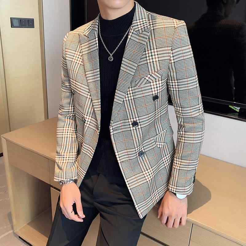 ・機能: 色落ちしにくい・フィット: スリム・ネックライン: テーラードカラー・前立て: ダブルブレスト2つボタン・スタイル: 韓国風・柄: チェック柄・生地: 化繊混紡・主な素材: ポリエステル98%・裏地素材: ポリエステル・適用シーン...