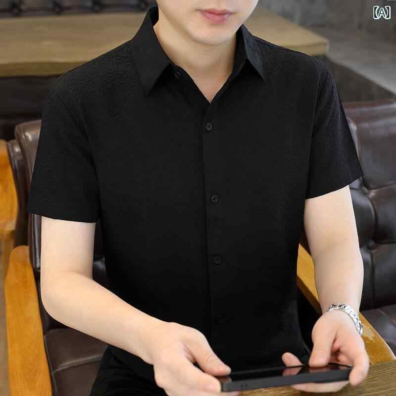 ・カテゴリ: シャツ・スタイル: カジュアル、韓国風・ネックライン: 折り襟・袖丈: 半袖・柄: 無地・厚さ: 薄手・誤差範囲: 1-3cm・対象: 青少年、成人男性・主な素材: ポリエステル（テトロン）・素材の含有量: 80%・着用シーン...
