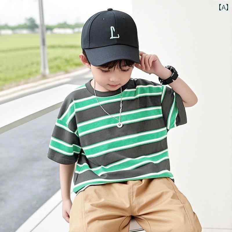 ・カテゴリ: 子供Tシャツ・スタイル: レジャー・対象: 男児・袖丈: 半袖・ネックライン: クルーネック・柄: 条紋・主な素材: 綿95%・機能: 吸湿速乾・サイズ展開: 90cm、100cm、110cm、120cm、130cm、140c...