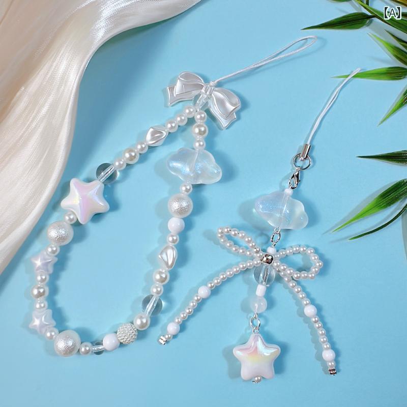 ・処理工程: 電鍍・素材: アクリル・カラー展開: 【浮雲繁星】2点セット、【浮雲繁星】ロングストラップ、【浮雲繁星】パールリボン・スタイル: コンサバ、フェミニン・デザイン: バッグチャーム・柄: 植物、花・デザイン要素: 星型