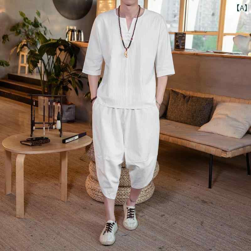 ・スタイル: レトロ・生地の厚さ: 薄手・パンツ丈: 7分丈・トップスデザイン: Tシャツ・袖丈: 半袖・フード: フードなし・素材: 麻（亜麻65%）・着用シーン: カジュアル・カラー展開: ホワイト、ブラック、ダークグレー、ライトグレー...