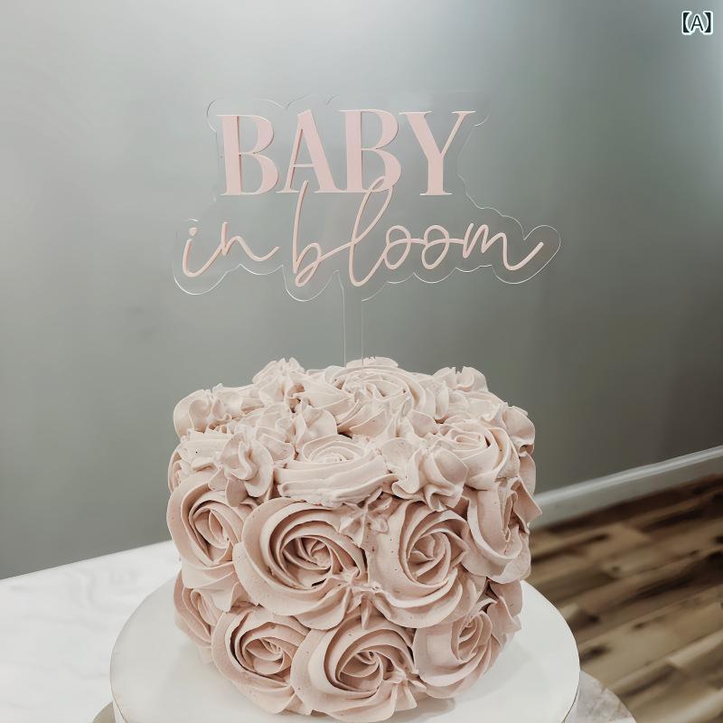・カテゴリ: ケーキトッパー・主な素材: アクリル・サイズ: 幅約10cm、厚さ2mm・デザイン: ベビーシャワー、ベビーインブルーム、透明底（ライトピンク、ローズゴールド、レッド）・スタイル: インスタ風・使用シーン: ベビーシャワー、赤...