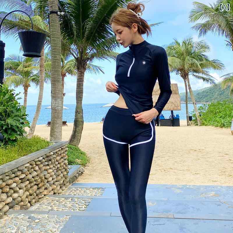 ・カテゴリ: 水着・素材: 化繊混紡・機能: 紫外線防止・柄: 無地・性別: 男女兼用・年齢層: 成人・対応シーン: スイミング、マリンスポーツ、ダイビング・セット内容: 女性用：プルオーバーハーフジップアウター・ベアトップ・ロングパンツ・...