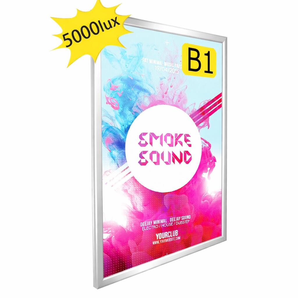 商品仕様 サイズ＆色 B1（外寸：754mm×1056mm) & シルバー色 ポスター寸法 728mm×1030mm 画面寸法 698mm×1000mm 照度 5000Lux以上 消費電力 54W 重さ 7KG 電源コード 4M フレーム ...