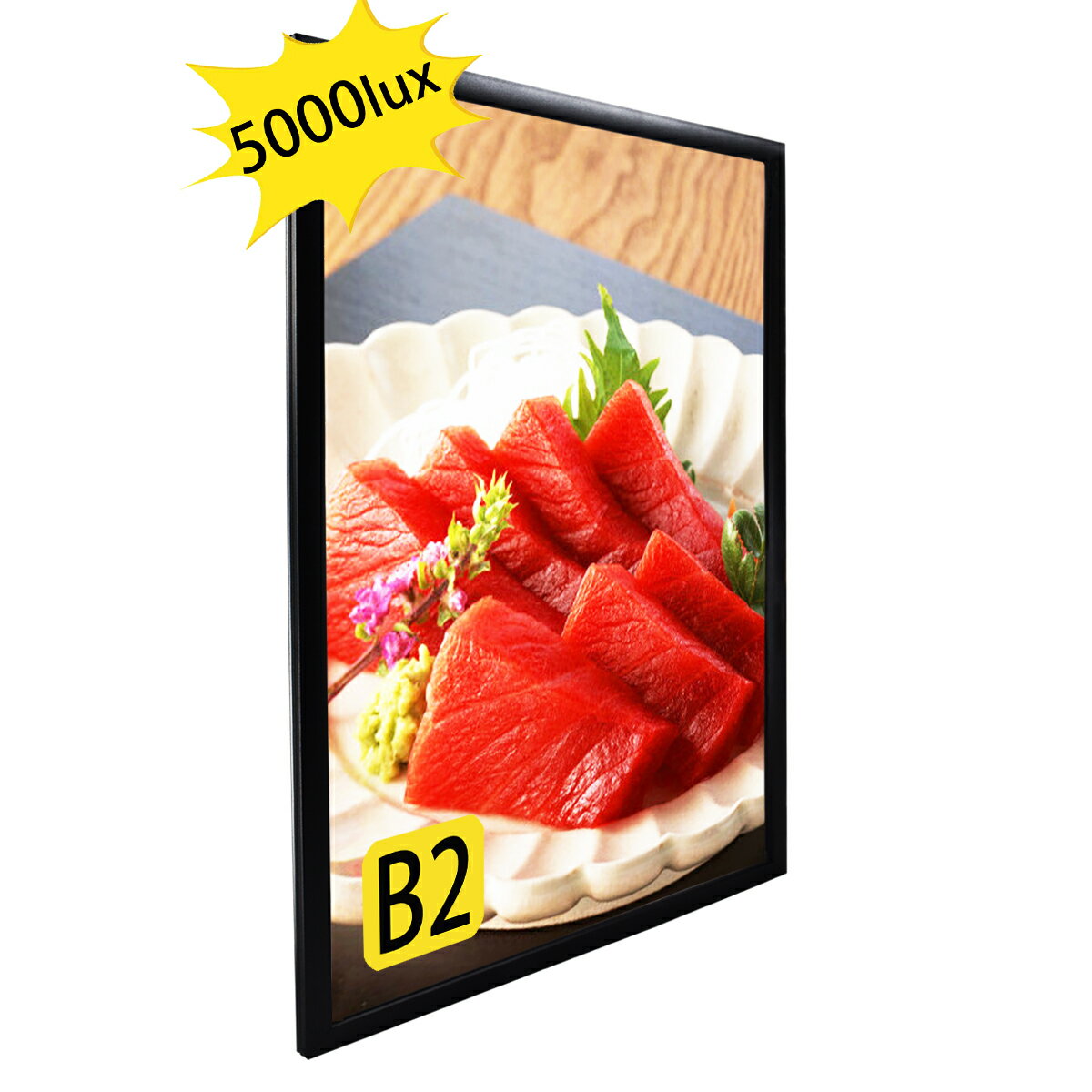 商品詳細 サイズ・重量 外枠寸法：W541×H754mm ポスター寸法：W515×H728mm 窓枠寸法：W485×H698mm フレーム厚み：20mm フレーム幅：28mm パネル重量：4kg 輝度・色温度 輝度：5000Lux以上 色温...