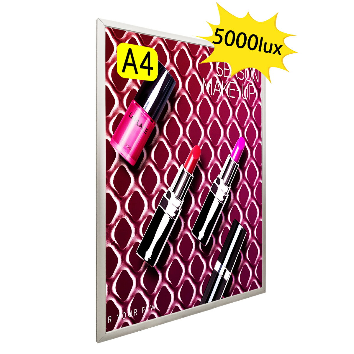 商品仕様 サイズ＆色 A4（外寸：236mm×323mm) & シルバー色 ポスター寸法 210mm×297mm 画面寸法 180mm×267mm 照度 5000Lux以上 消費電力 6W 重さ 1KG 電源コード 4M フレーム アルミ押...