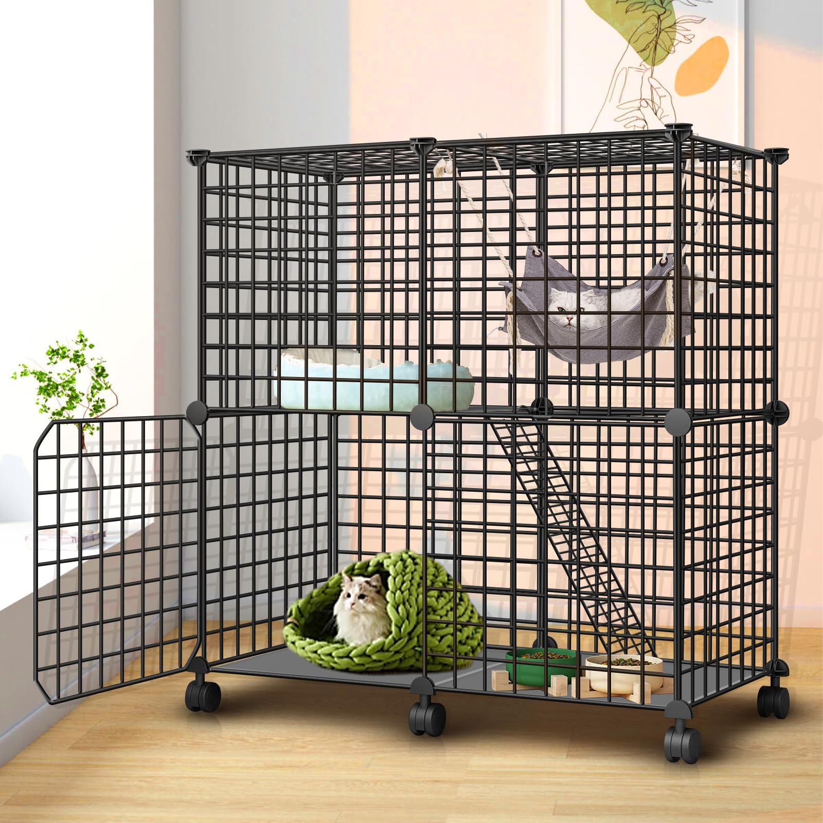 【出入り便利】仕切り板が付き、自由に組み合わせることができます。仕切りを使って、猫ケージを分けたり、他の形状に分けたりすることができます。異なる体型の猫にも同時に使用できます。仕切り板は、猫が休息や遊びをする場所になります。ケージのスペース...