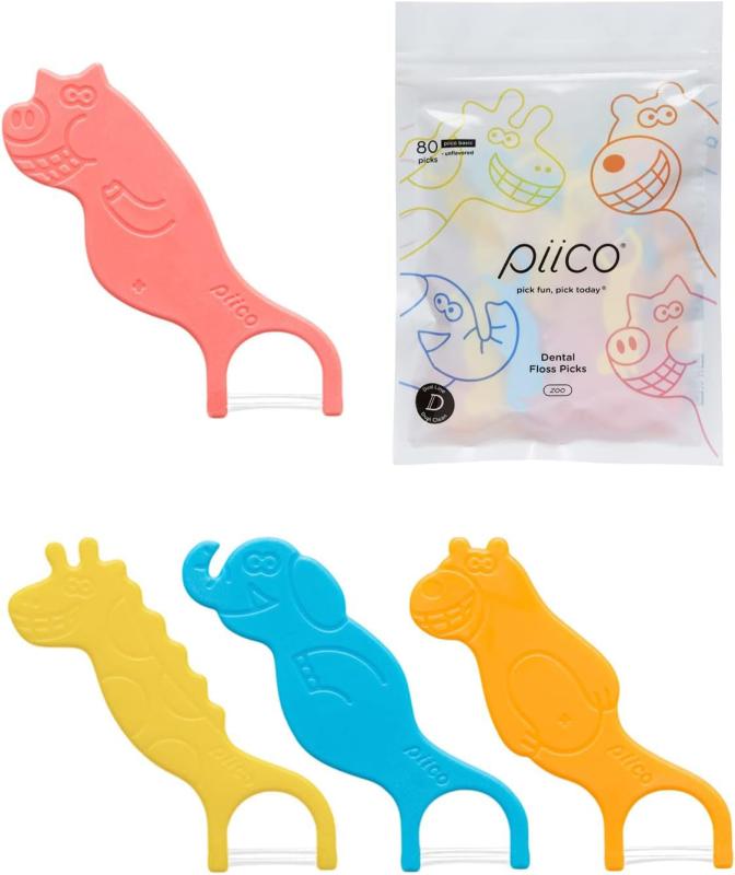 Piico無香料のキッズフロス-フッ素無添加2本糸のデンタルフロスピック-カラフルなデザインのフロススティックで楽しいオーラルケア-キッズフロスで虫歯と歯周病を防ぐ