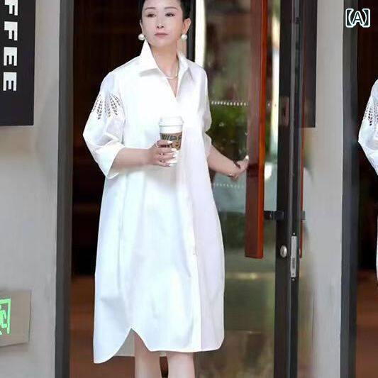 韓国 ファッション 刺繍入り ファット mm ドレス レディース 2025年 夏 新作 ゆったり ミドル 丈 気質 無地 シャツ ドレスブランド: 美宜源スタイル: オリジナルデザイン衣服バージョン：ゆったりタイプ服のスタイルの詳細：フック...