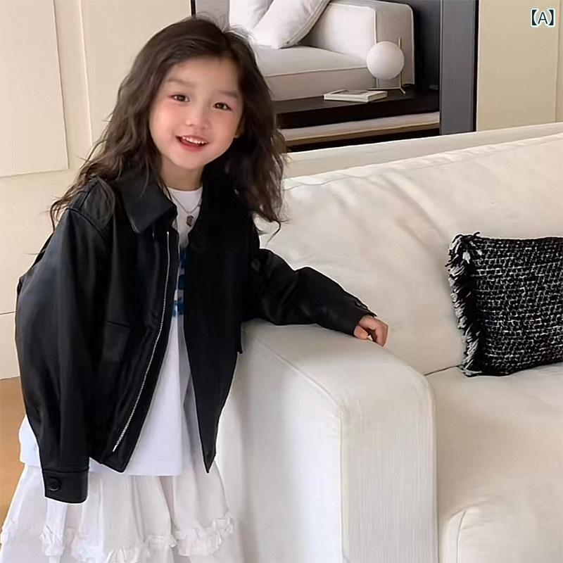 2024 春と 秋の 新しい 子供 革 服 レトロ オートバイ ショート ジャケット ハンサムな 韓国 スタイル Pu レザージャケット 少年 少女の ためのブランド: その他/その他対象年齢：12ヶ月、9ヶ月、18ヶ月、2歳、3歳、4歳、...