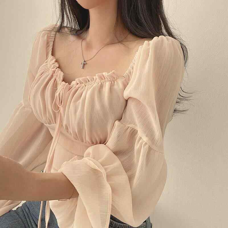 韓国 シック 早春の フレンチ ウッド 耳 レース スクエア カラー ウエスト トランペット スリーブ シフォンシャツ ショート シャツ レディース発売時期：年秋素材構成: その他 100サイズ: S.M.L.XL色の分類：ピンク.白